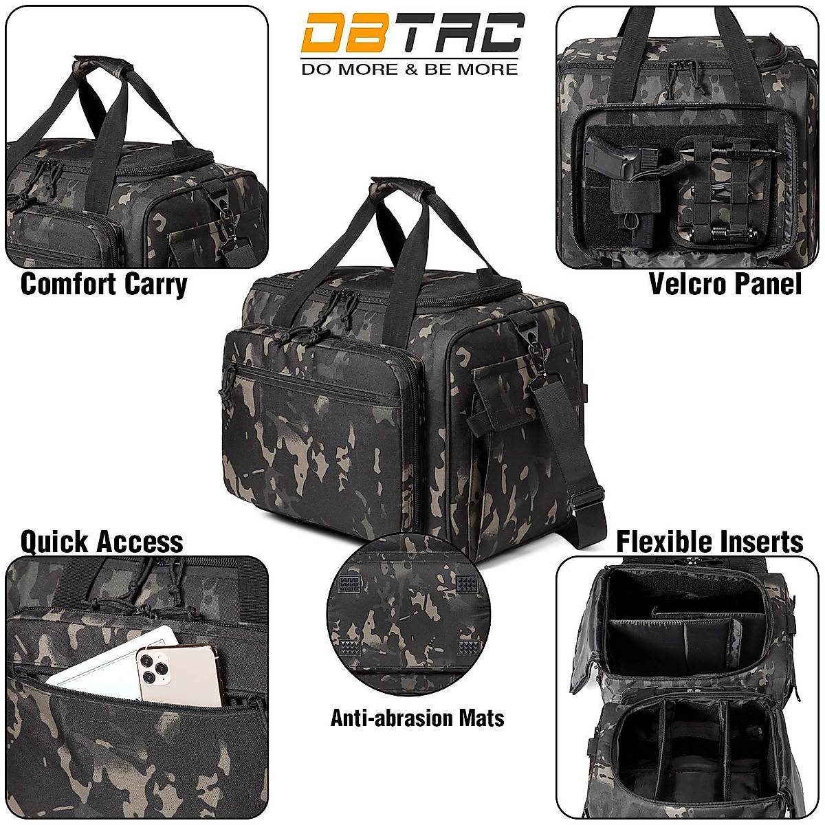 DBTAC Gun Range Bag Large | Tactical 4+ Pistol Shooting Range Duffle Bag for Handguns and Ammo with 2X Removable Hook & Loop Divider for DSLR | US Flag Patch + Universal Holster Included (Black Camo)