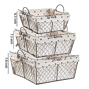 Motifeur Metal Farmhouse Storage Baskets With Removable Liner (Set of 3, White with Floral Pattern) (Short-Set of 3)