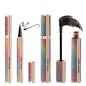 4D Silk Fiber Mascara set, Mascara and Eyeliner set, Long Lasting Mascara kit & Waterproof Black Eyeliner Pencil, No Clumping Lasting All Day