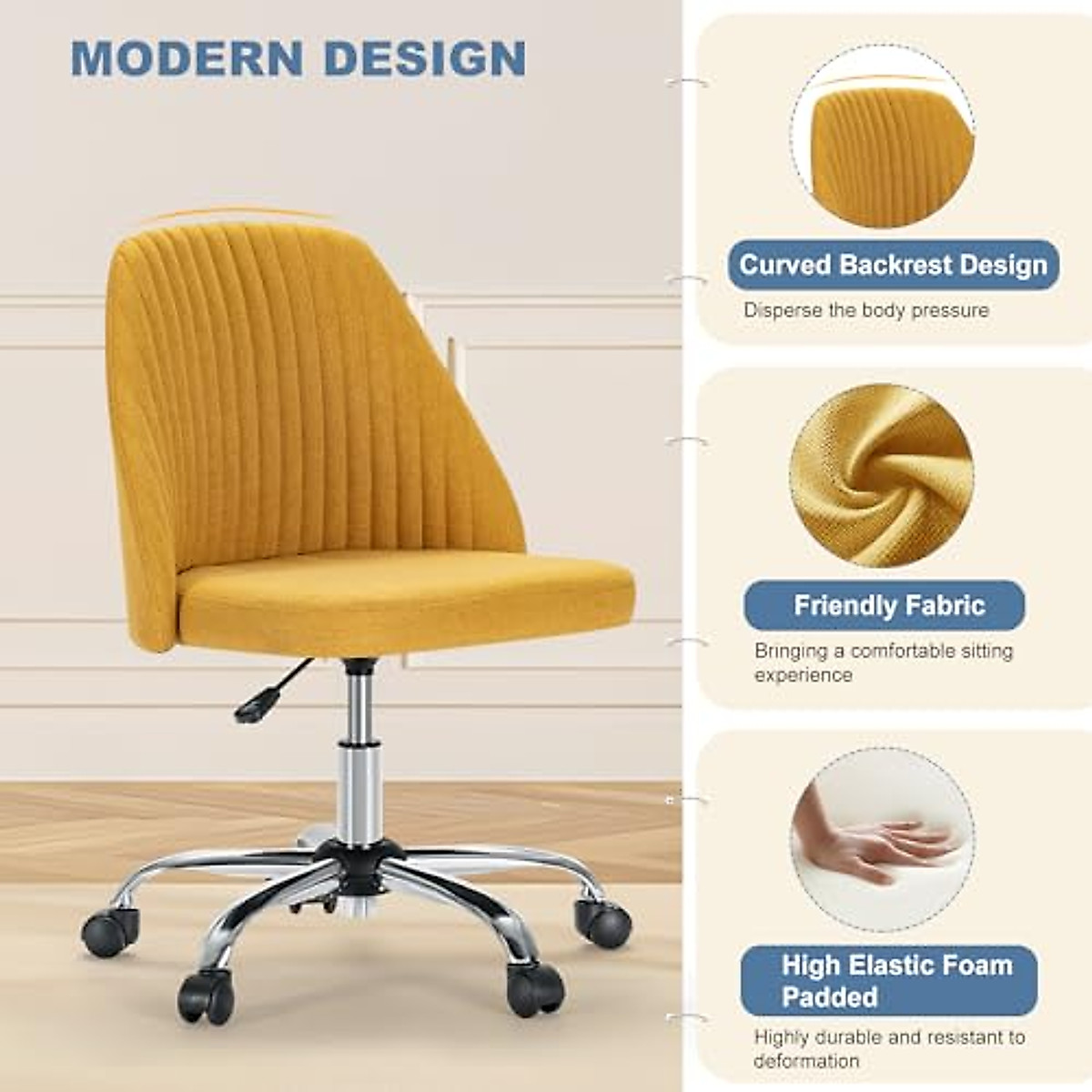 DUMOS Fashion Small Wheels Cute Vanity Swivel Back Mid Century Modern Armless Home Desk Task Chair for Bedrooms, Office, Dressing Room, Study, Yellow