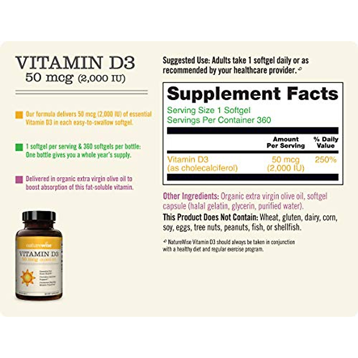 NatureWise Vitamin D3 2000iu (50 mcg) Healthy Muscle Function, and Immune Support, Non-GMO, Gluten Free in Cold-Pressed Olive Oil, Packaging Vary ( Mini Softgel), 360 Count(Pack of 1)