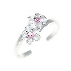Arthur's Jewelry 925 sterling silver Hawaiian double plumeria flower pink cz open toe ring