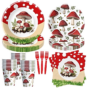 APOWBLS Mushroom Birthday Decorations Party Tableware - Mushroom Baby Shower Decorations And Supplies, Paper Plate, Cup, Napkin, Disposable Fork, Mushroom Party Decorations Dinnerware | Serve 24