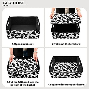 Kigai Black & White Cow Print Storage Bins with Handles Felt Fabric Collapsible Storage Basket Organizer Drawers Storage Boxes for Shelf Closet Bedroom (14x5x10Inch)