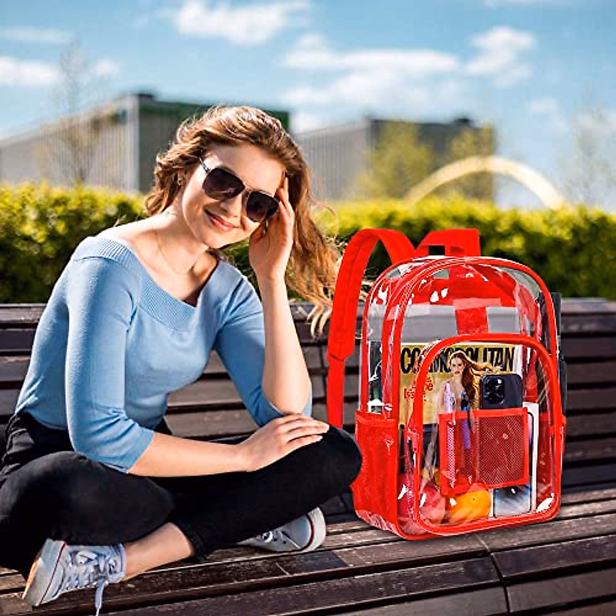 gxtvo Clear Backpack, Heavy Duty Transparent Bookbag, See Through Backpacks for Women Men - Red
