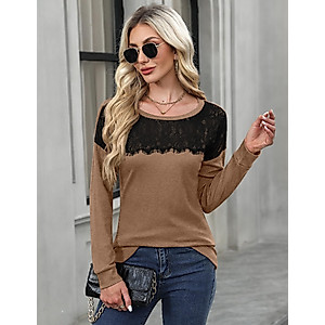 Women Fall Long Sleeve Holiday Lace Blouse Casual Trendy Formal Sweatshirt Brown M