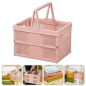 LUOZZY Collapsible Storage Storage Basket Handheld Plastic Sundries Holders Folding Basket Box With Handle, Pink