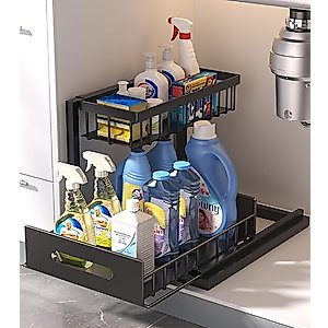 Statiem Under Sink Organizer, 2-Tier Under Sink Organizers and Storage Stainless Steel Drill-Free Rustproof Pull Out Cabinet Organizer for Bathroom Kitchen Organizers and Storage