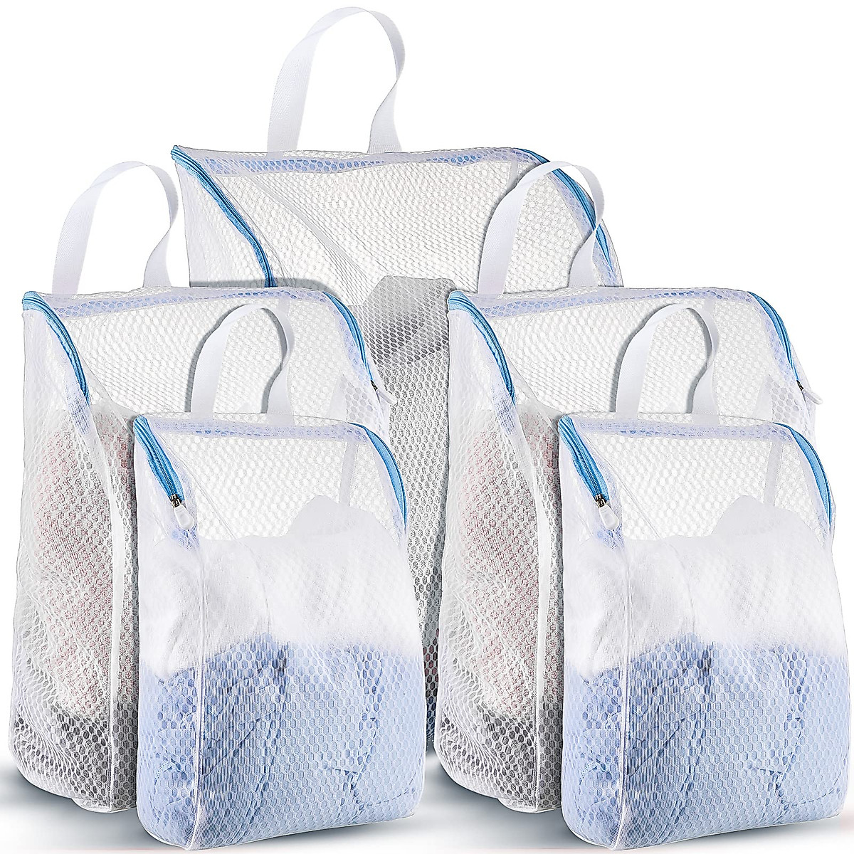 Fabbay 5 Pack Honeycomb Mesh Laundry Bag with Handle Wash Bag for Socks Washing Machine Large Opening Side Widening Zippered Mesh Sock Bag Lingerie Bag for Bra Items Travel Garment, 3 Sizes(Blue)