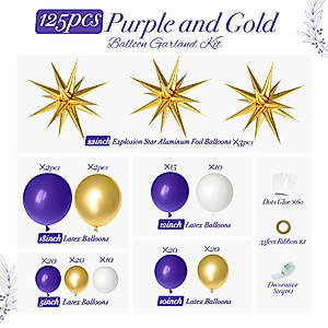 FOTIOMRG Purple and Gold Balloons Garland Arch kit with 3pcs Star Balloon, Metallic Gold Dark Purple White Balloons for Wedding Birthday Baby Shower Anniversary 2024 Graduation Party Decorations