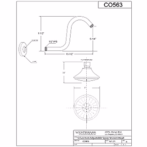Westbrass CO563-07 5" Round Thin 5-Function Adjustable Spray Shower Head with 8" S-Shaped Wall Mount Shower Arm, Satin Nickel
