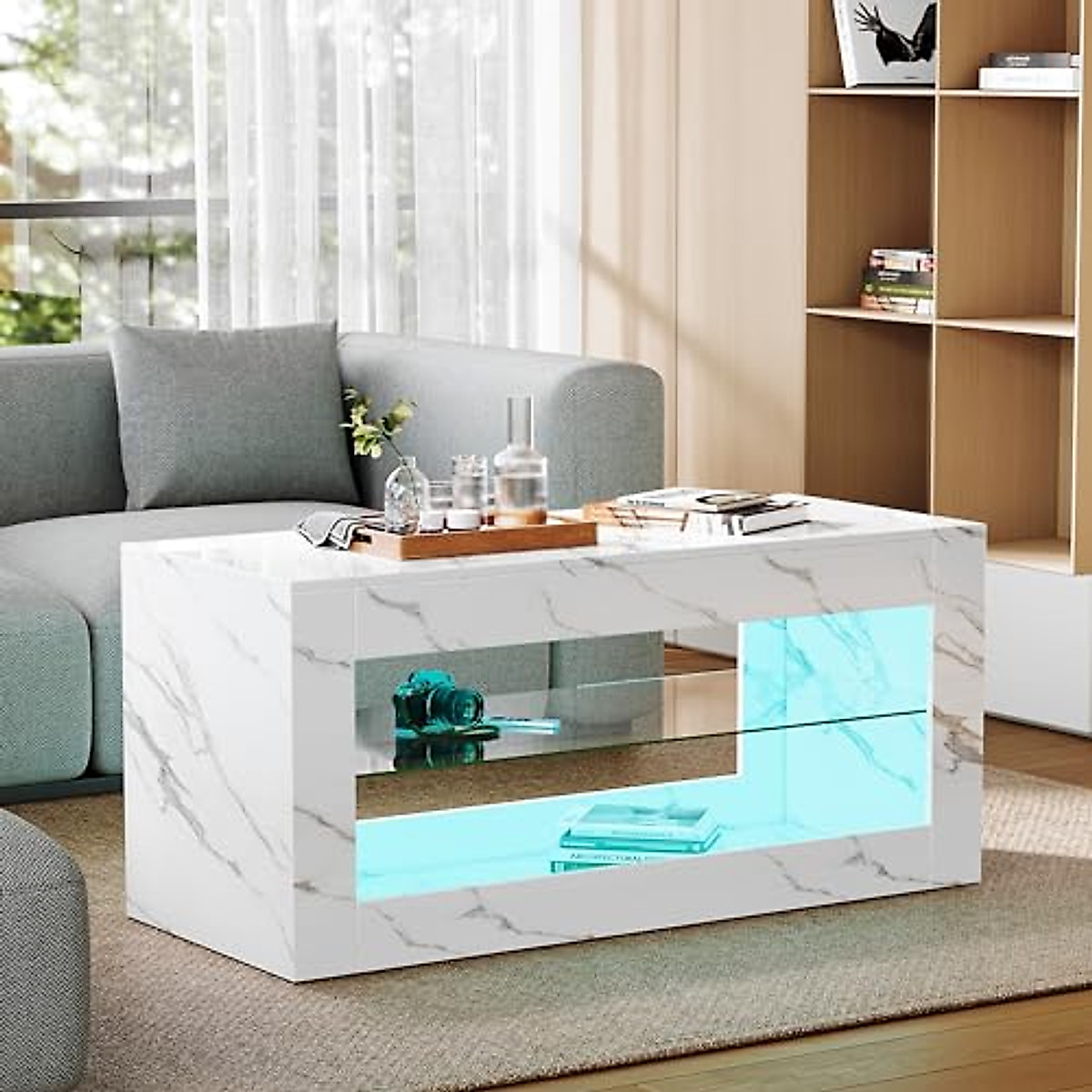 Coffee Tables for Living Room, Modern High Gloss Marble Print Center Table with Glass Open Storage and LED Lights - Stylish Home Decor for Coffee and More, White with Gloss