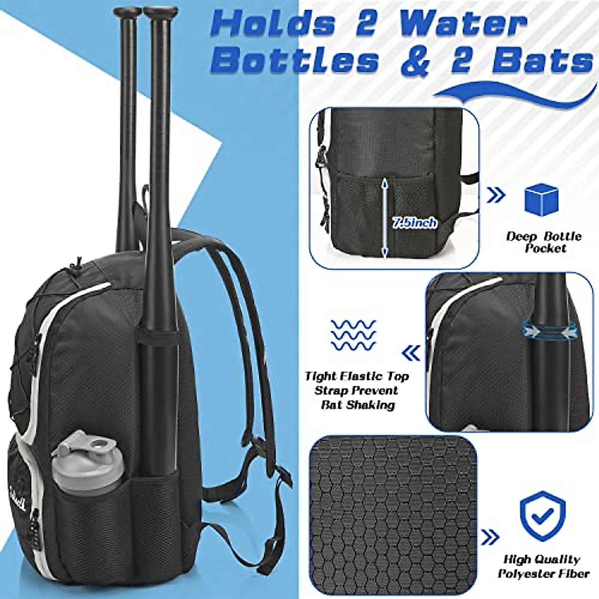 Jalunth Baseball Softball Bat Bag Backpack Youth Adult Large Room Fastpitch Slowpitch Equipment Bags Boys Kids Girls Tball Gear Back Pack Mens Women Fence Hook Shoes Compartment Fits Face Guard Helmet