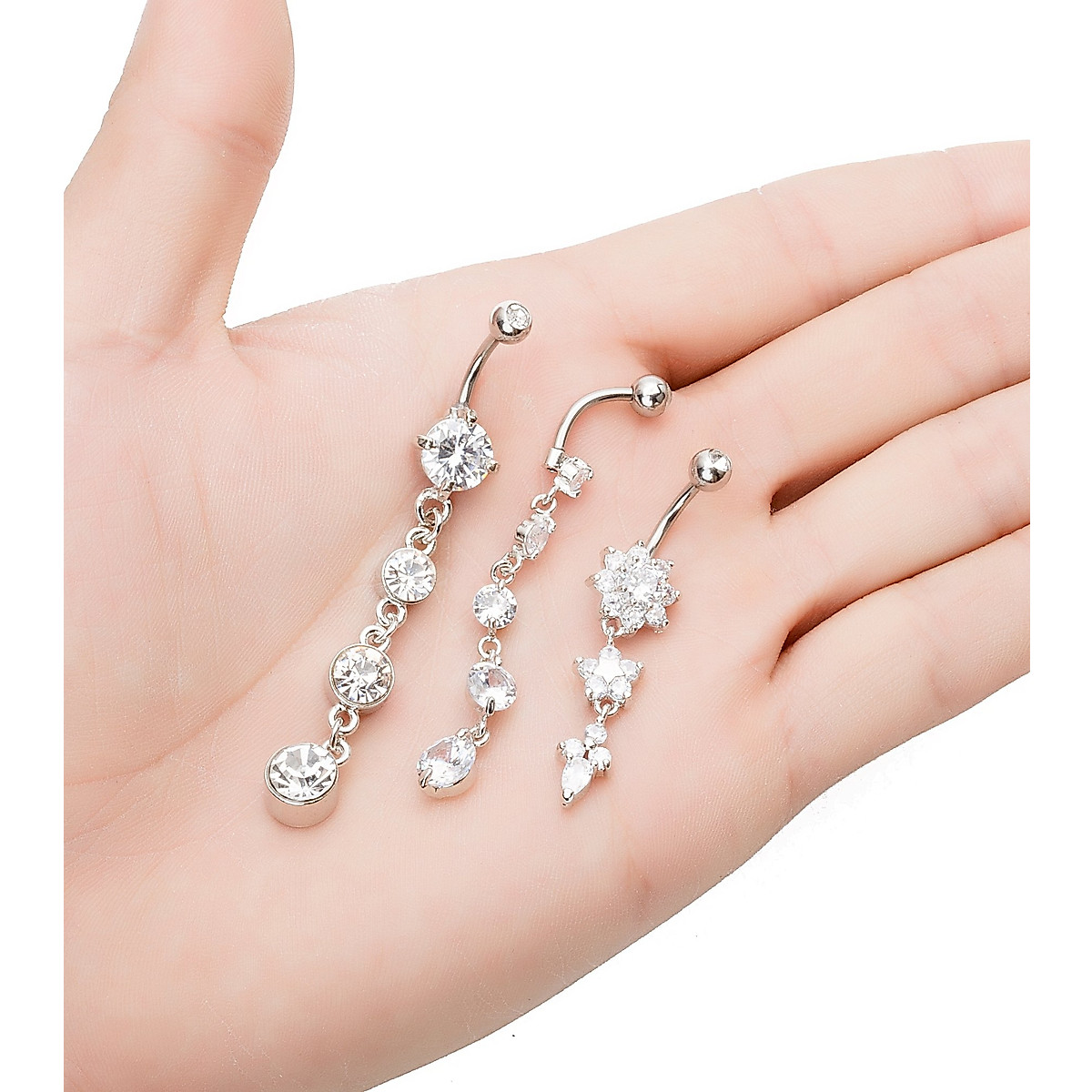 YOVORO 3PCS 14G 316L Stainless Steel Belly Button Rings for Women Navel Rings Barbell Dangle Flower CZ Body Piercing S