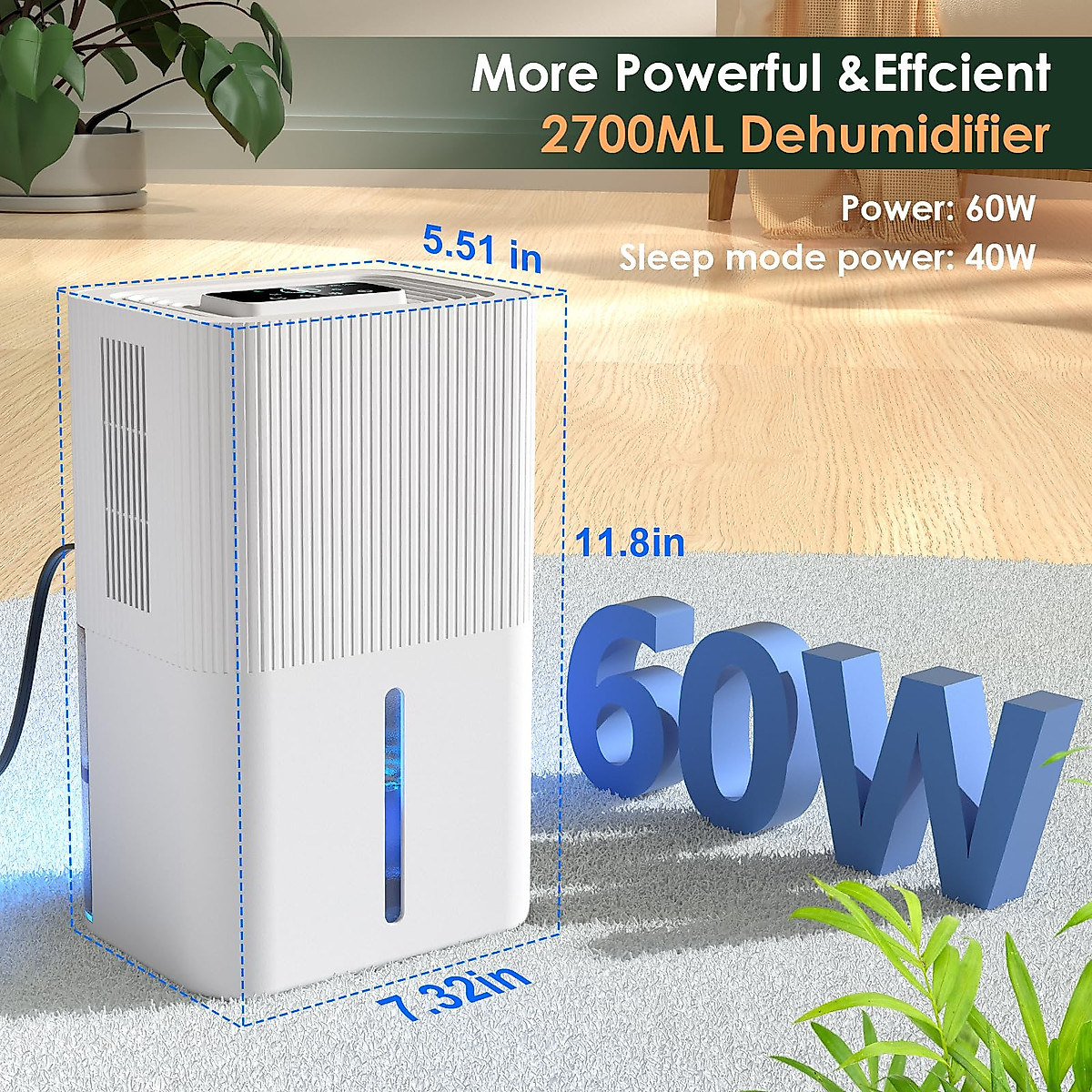 Portable Home Dehumidifier for Basements|91 OZ Tank|900 sq.ft Coverage|Quiet Smart Design with Auto Shut-Off