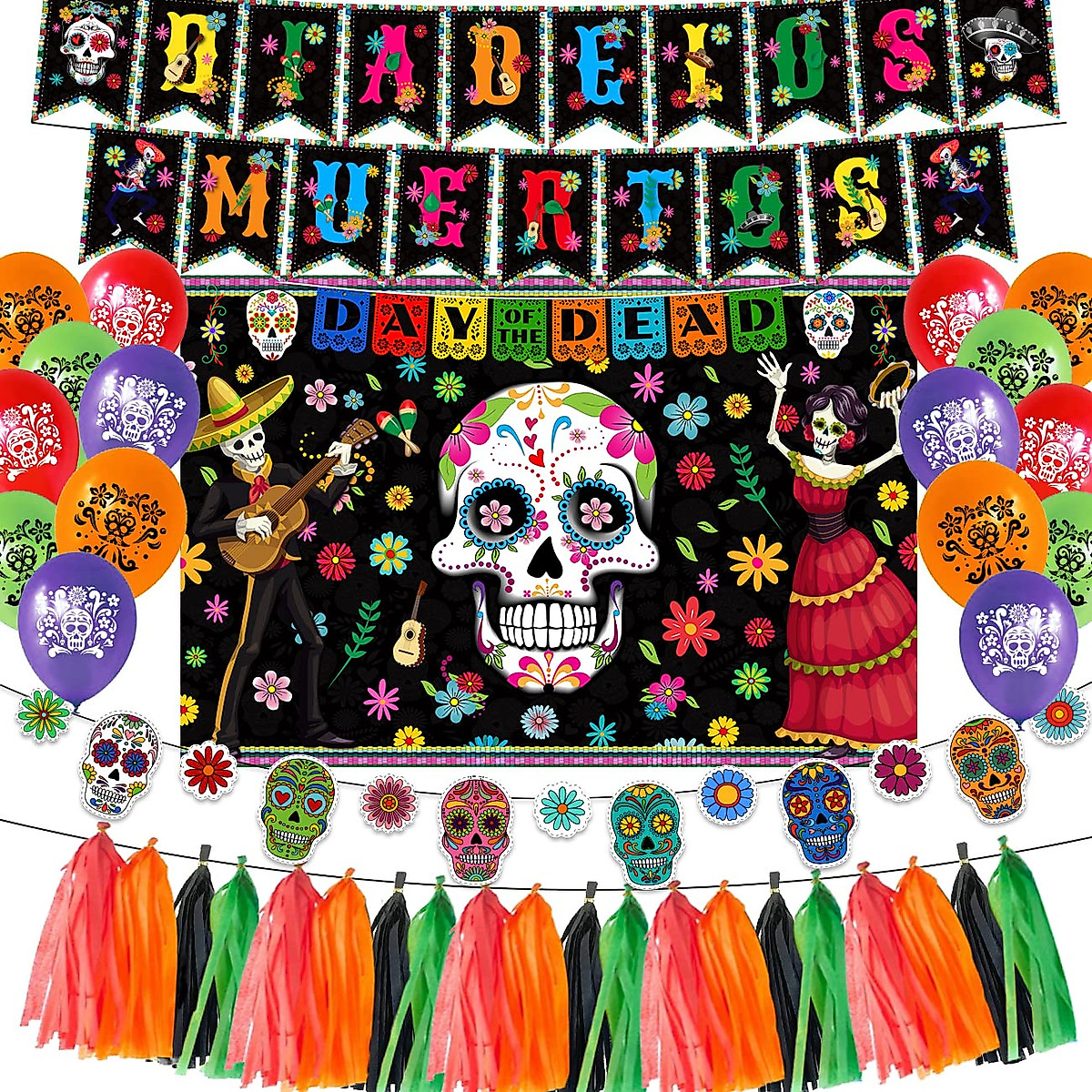 39 Pieces Day of The Dead Decorations, Day of The Dead Balloons Dia de Los Muertos Fiesta Background, Special Sugar Skull Dia De Los Muertos Cutouts Banner for Halloween Mexican Fiesta Supplies