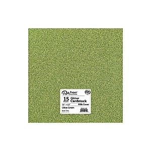 PA Paper Accents Glitter Cardstock 12" x 12" Olive Green, 85lb colored cardstock paper for card making, scrapbooking, printing, quilling and crafts, 15 piece pack