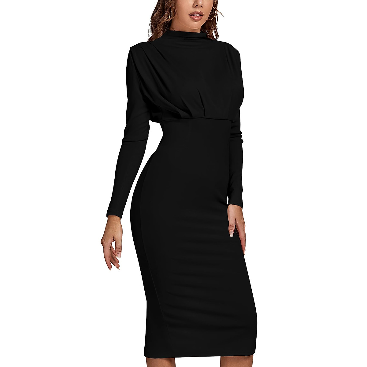 LYANER Women's Ruched Mock Neck Split Back Long Sleeve Cocktail Party Bodycon Midi Dress Solid Black Medium