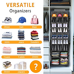 Hanging Shoe Organizer for Closet, Closet Hanging Shoe Storage Rack Holder Shelves,Collapsible Shoe Closet Organizers and Storage with 4 Large Side Pockets,25 Sections for Shoes,Hats,Clothes(Gray)