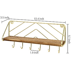 MyGift 12.4 Inch Brass Wall Key Holder Organizer Rack, Decorative Wall-Mounted Entryway Floating Wood Shelf with 6 Key Hooks