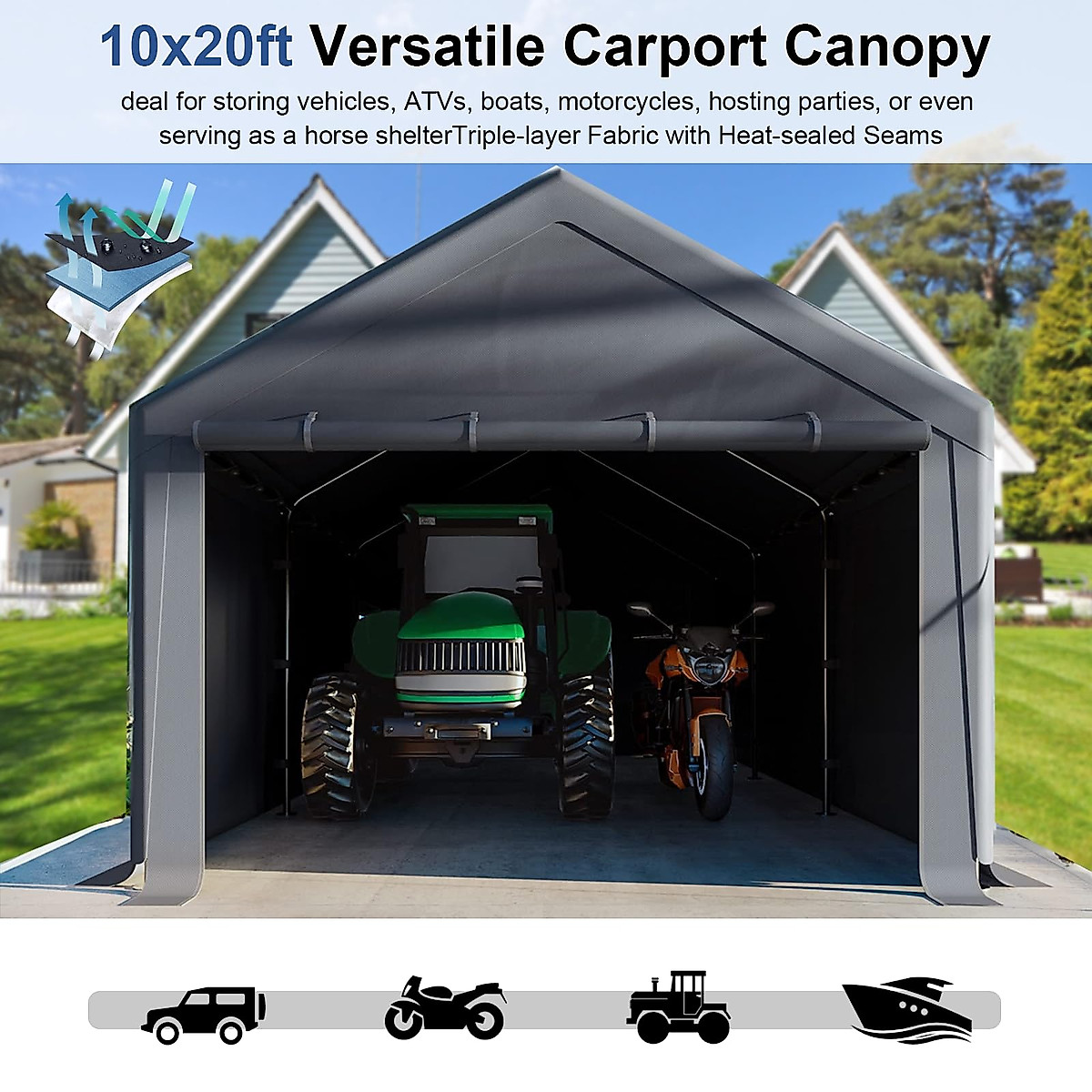 Outdoor Carport 10x20ft Heavy Duty Car Tent, Portable Garage Canopy Storage Shed, Car Shelter with Detachable Side Walls&Doors, All-Season Tarp for Car and Boat D Grey
