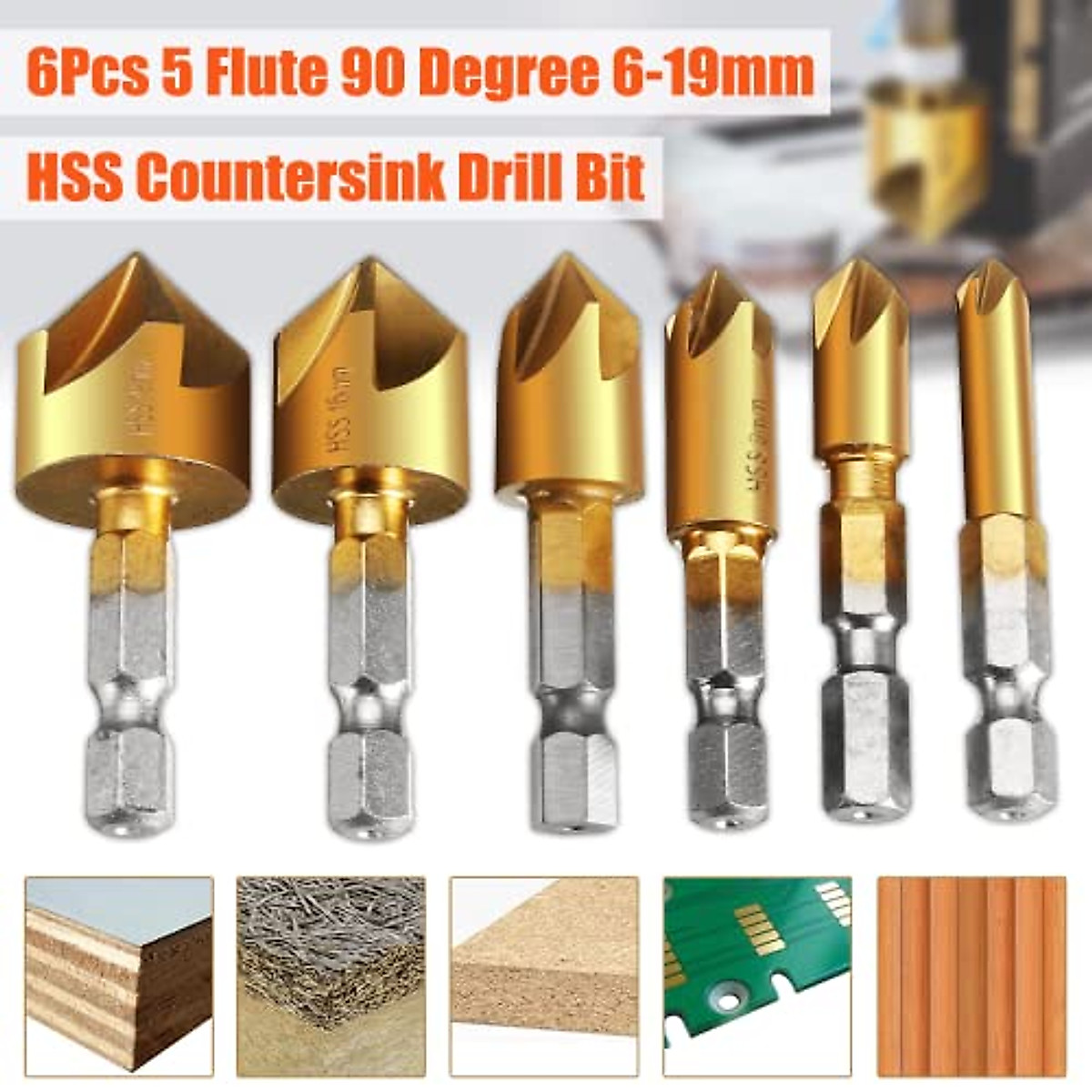 Baban Countersink Drill Bit,Countersink Drill Bit Set 6 Pcs 1/4'' Hex Shank HSS 5 Flute Countersink 90 Degree Center Punch Tool Sets for Wood Quick Change Bit 6mm-19mm