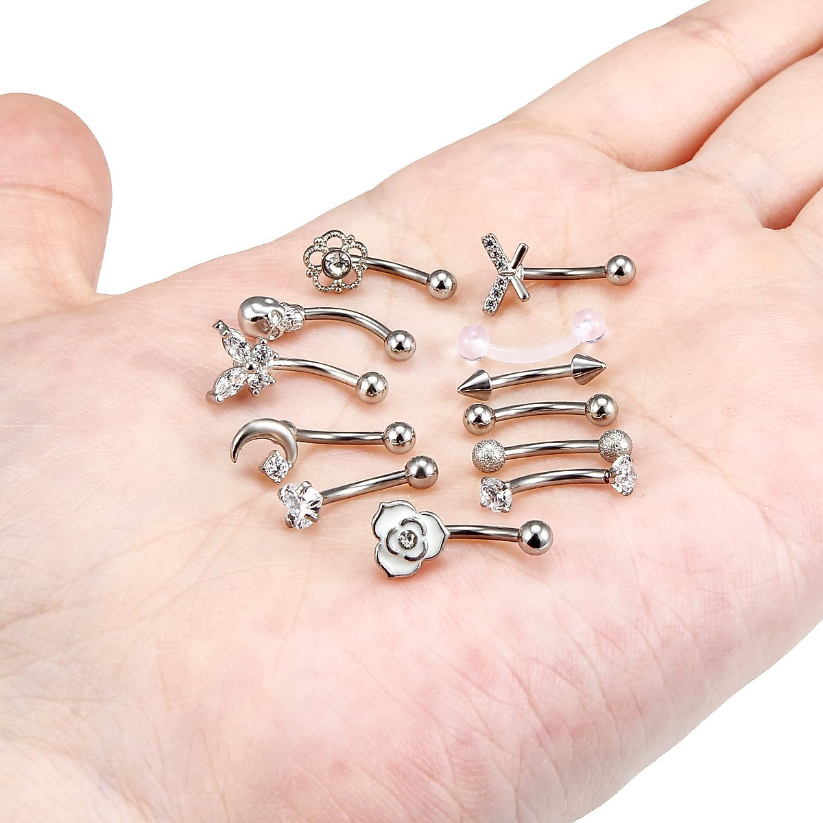 Hoeudjo 12Pcs 16G Stainless Steel Rook Daith Earrings for Women Small Belly Rings Vertical Lip Stud Surface Tragus Body Piercing Jewelry Curved Barbell Eyebrow Rings for Men