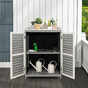 Goplus Outdoor Potting Bench Table, Garden Storage Cabinet w/Metal Tabletop, Roll-up Side Door, Solid Wood Potting Workstation for Garden, Patio, Grey