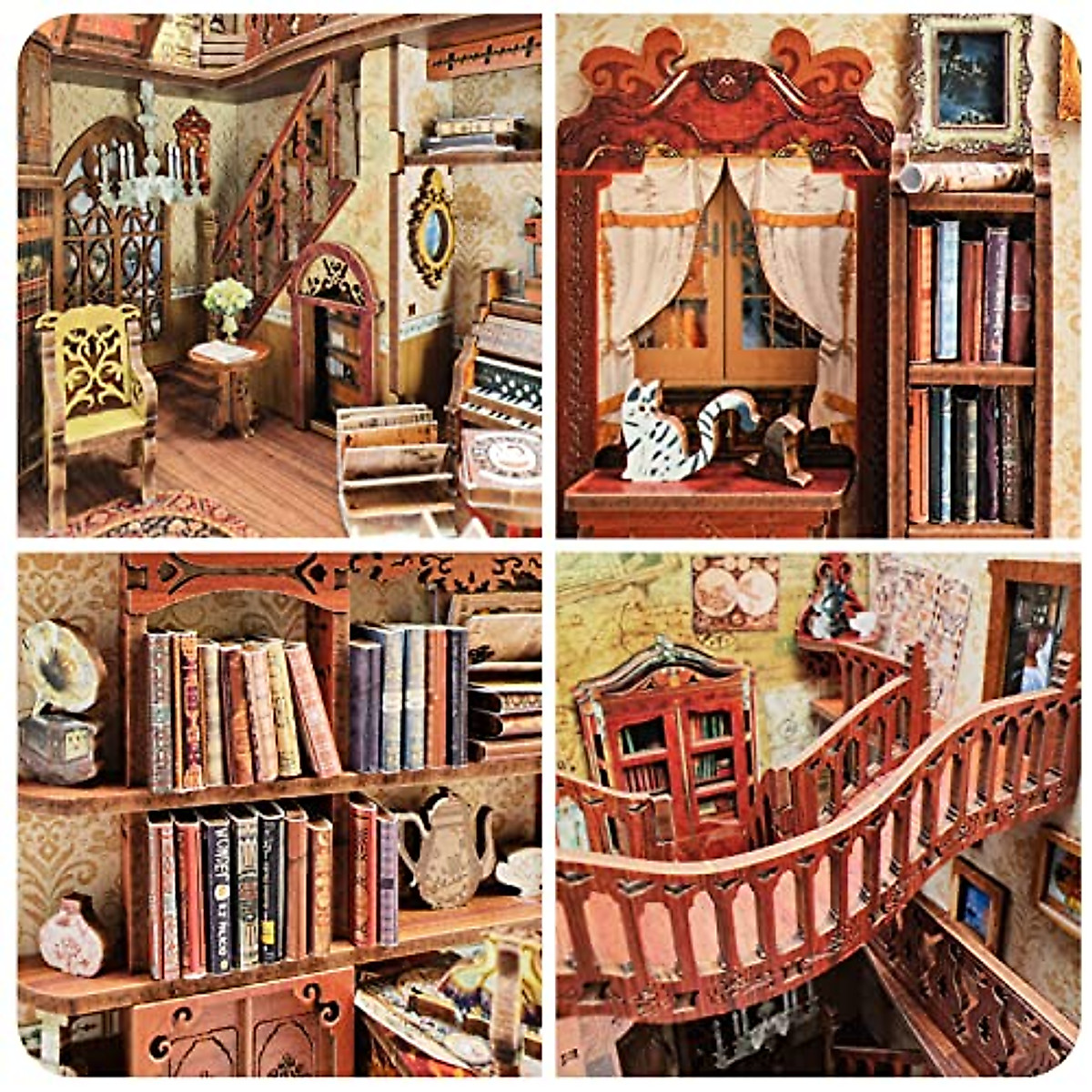 Spilay DIY Dollhouse Miniature Book Nook Assemble Kit,3D Wooden Puzzle Bookshelf Insert Decor with Light, Bookends Model Build-Creativity Kit for Adults Women Birthday Gift (SQ06)