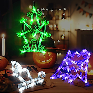 LOLStar Halloween Lights,3 Pack Ghost Tree, Haunted House, Candle Window Lights with Suction Cup, Upgrade Timer and Slowly Fade Functions Battery Operated Indoor Lights for Halloween Window Decoration