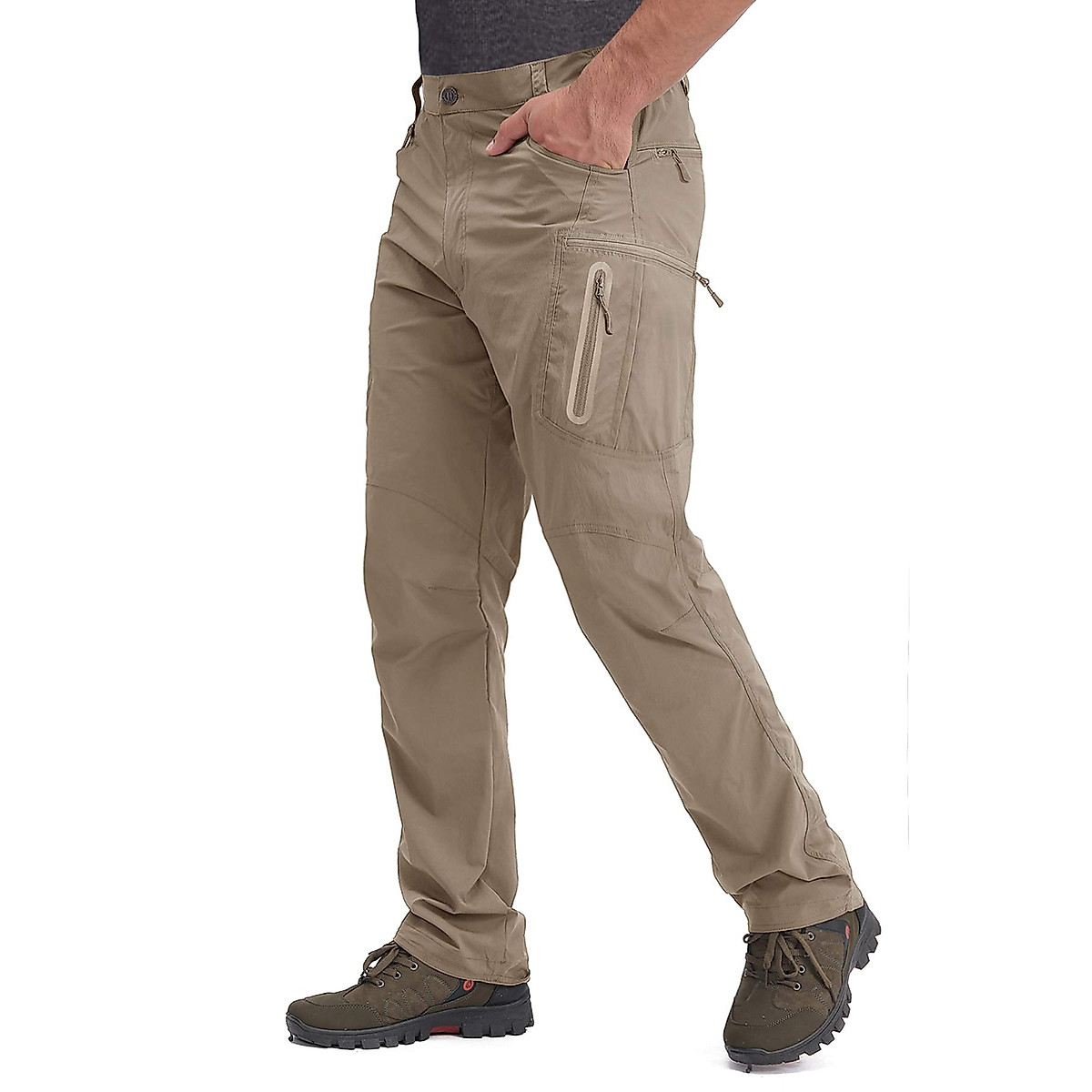 TACVASEN Men's Quick-Dry Pants Water-Resistant 8 Pockets Ripstop Hiking Pants Khaki, 32