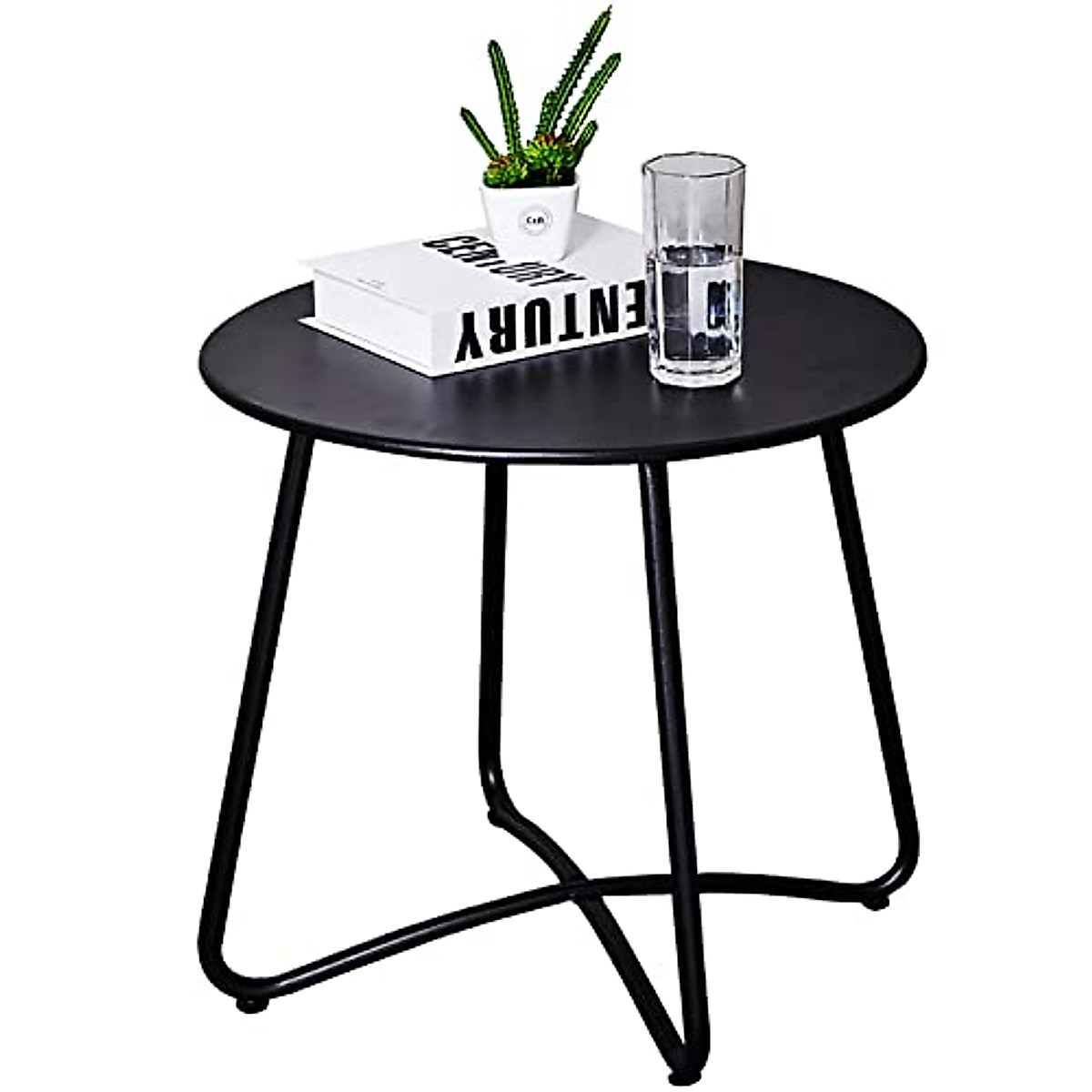 CaiFang Patio Side Table Outdoor, Metal Side Table Small Round Side Table Weather Resistant End Table Outdoor Table for Garden Porch Balcony Yard Lawn, Black