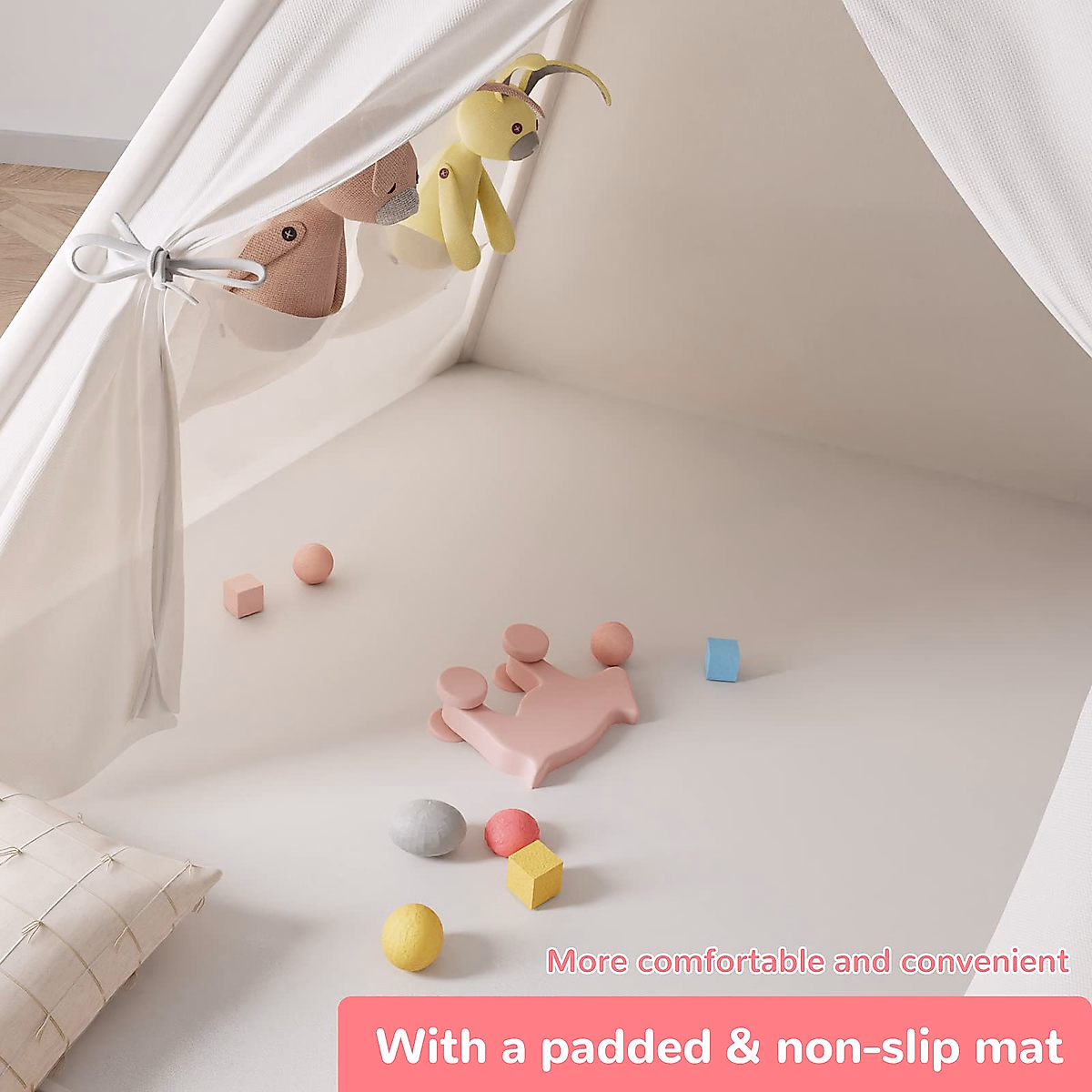 Large Kids Teepee Tent for 2 3 4 5 6 Year Old Girls, Kids Foldable Play Tent with Padded Mat & Light String, Ideal Gifts Toys Tent, White Canvas Teepee Indoor Outdoor Games, Kids Playhouse for Boys