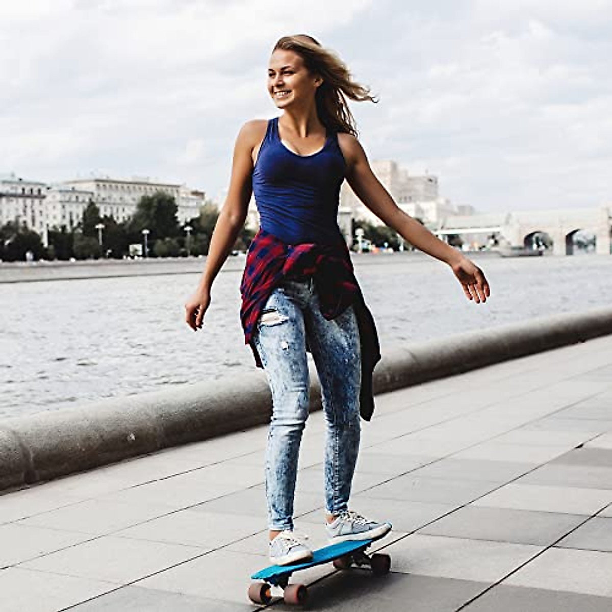 MIER Women's Athletic Workout Racerback Tank Top UPF 50 Sun Protection Running Gym Yoga Sleeveless Shirts Dry Fit Muscle Tee, Heather Blue, L