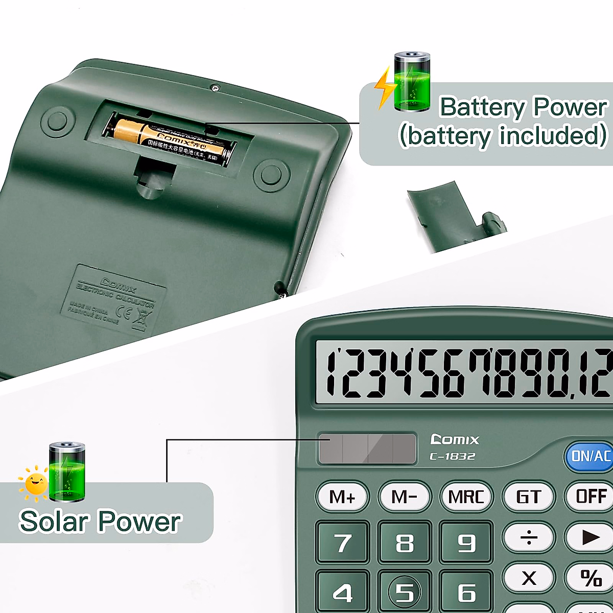 Comix Desktop Calculator 12 Digit with Large LCD Display and Big Button, 12 Digits Baisc Calculator, Solar Battery Dual Powered, for Office Home School C-1832(Green)