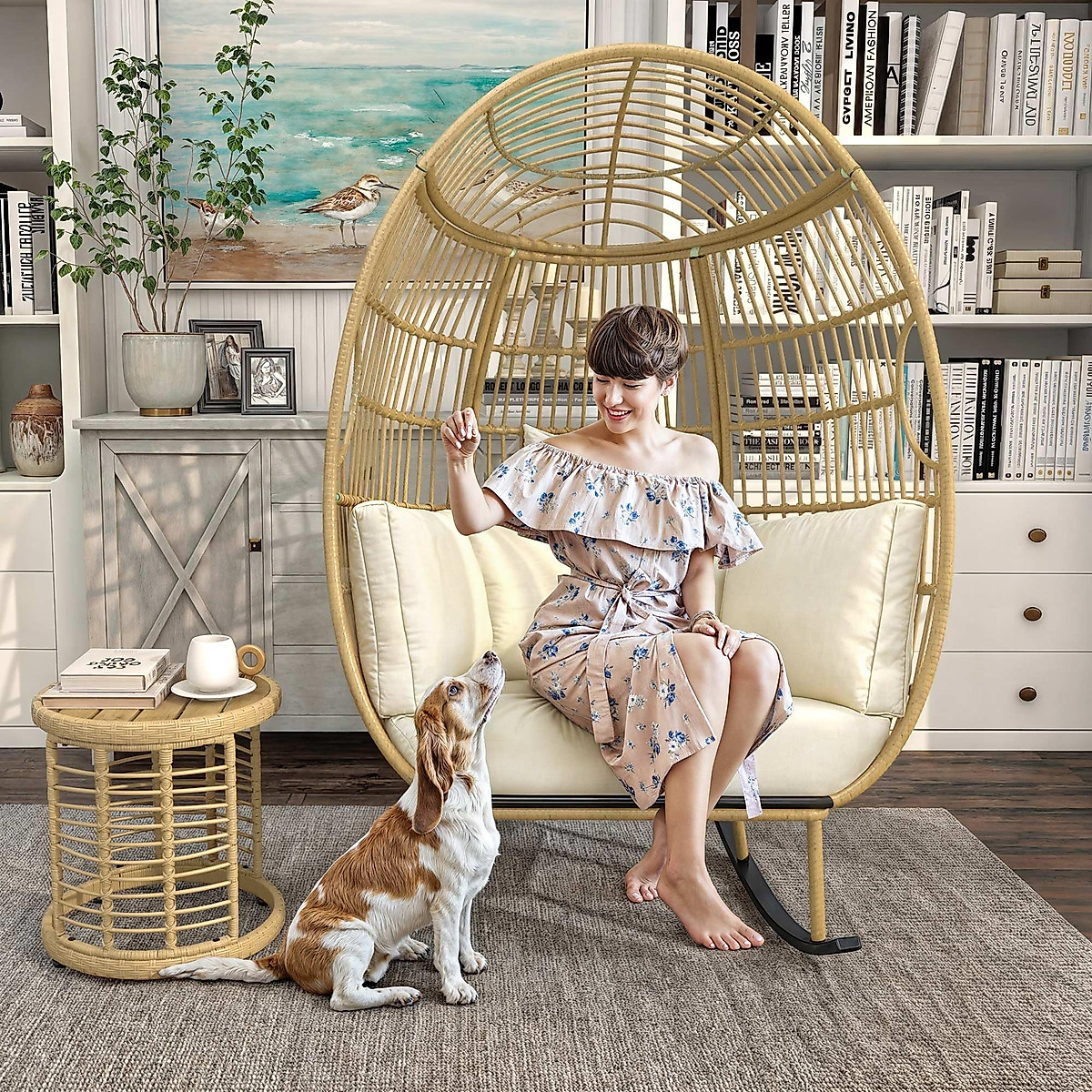 DWVO Outdoor Rocking Egg Chair, Patio Rocking Chair Oversized, 370lb Capacity, Anti-Slip, All-Weather Wicker Egg Lounger Chair for Indoor, Outside (Beige)