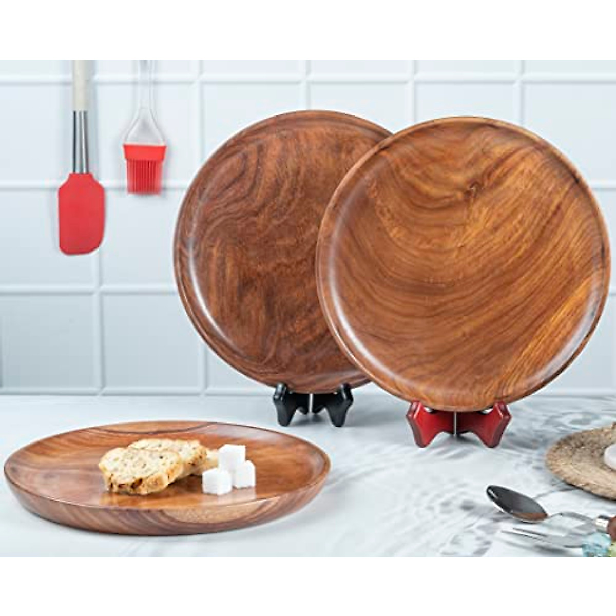 Wooden Plates, Teak Wood Dinner Plates, Round Serving Plate Set of 2, Cheese Plates Coffee Tea Serving Tray Fruit Platters Party Dinner Plates, Wood Plates for Snacks, 10 Inch