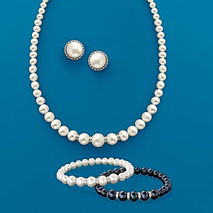 Ross-Simons 6-8.5mm Black Cultured Pearl and .25 ct. t.w. Diamond Stretch Bracelet With Sterling Silver. 7 inches