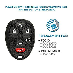 Keyless2Go Replacement for Keyless Entry Car Key Vehicles That Use 6 Button 15913427 OUC60270 Remote, Self-programming
