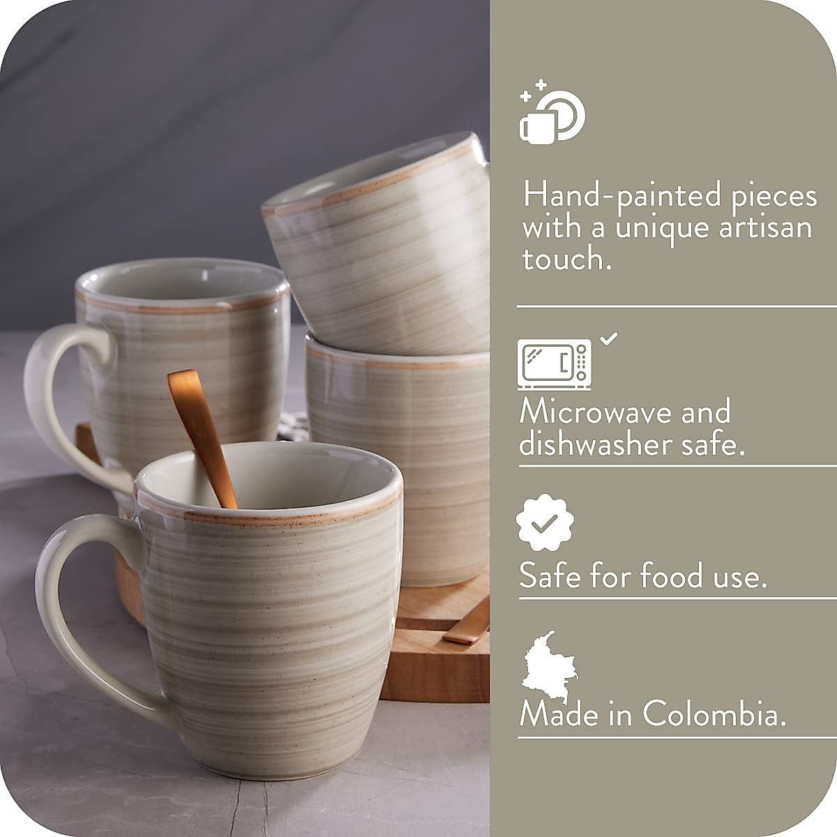 Corona Mugs set of 4 | Perfect for Coffee and Tea Lovers | Gray Caoba 12.8 oz - 380cc|4 Pieces|Ceramic|Hand Painted |Cerámica