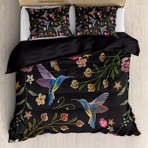 gearider Hummingbirds Floral Pattern Duvet Cover Set, Embroider Style Soft Bedding Set with Zipper Closure for Women Men, Black Lining, Size Queen