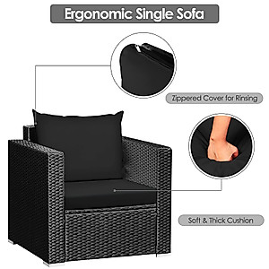 DORTALA 3 Pieces Patio Furniture Set, Outdoor Rattan Sofa Set with Cushions, Tempered Glass Tabletop, Wicker Conversation Furniture Set for Backyard, Garden, Poolside, Balcony, Black