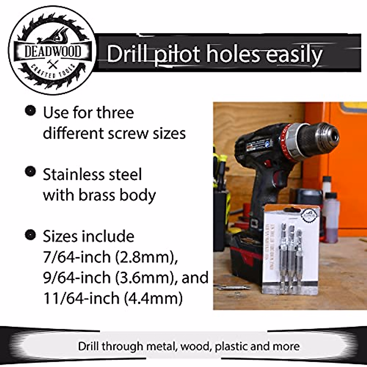 Deadwood Crafted Tools VIX Self Centering Drill Bit Set - 7/64, 9/64, and 11/64in Wood Drill Bits for Hinges and Shelves