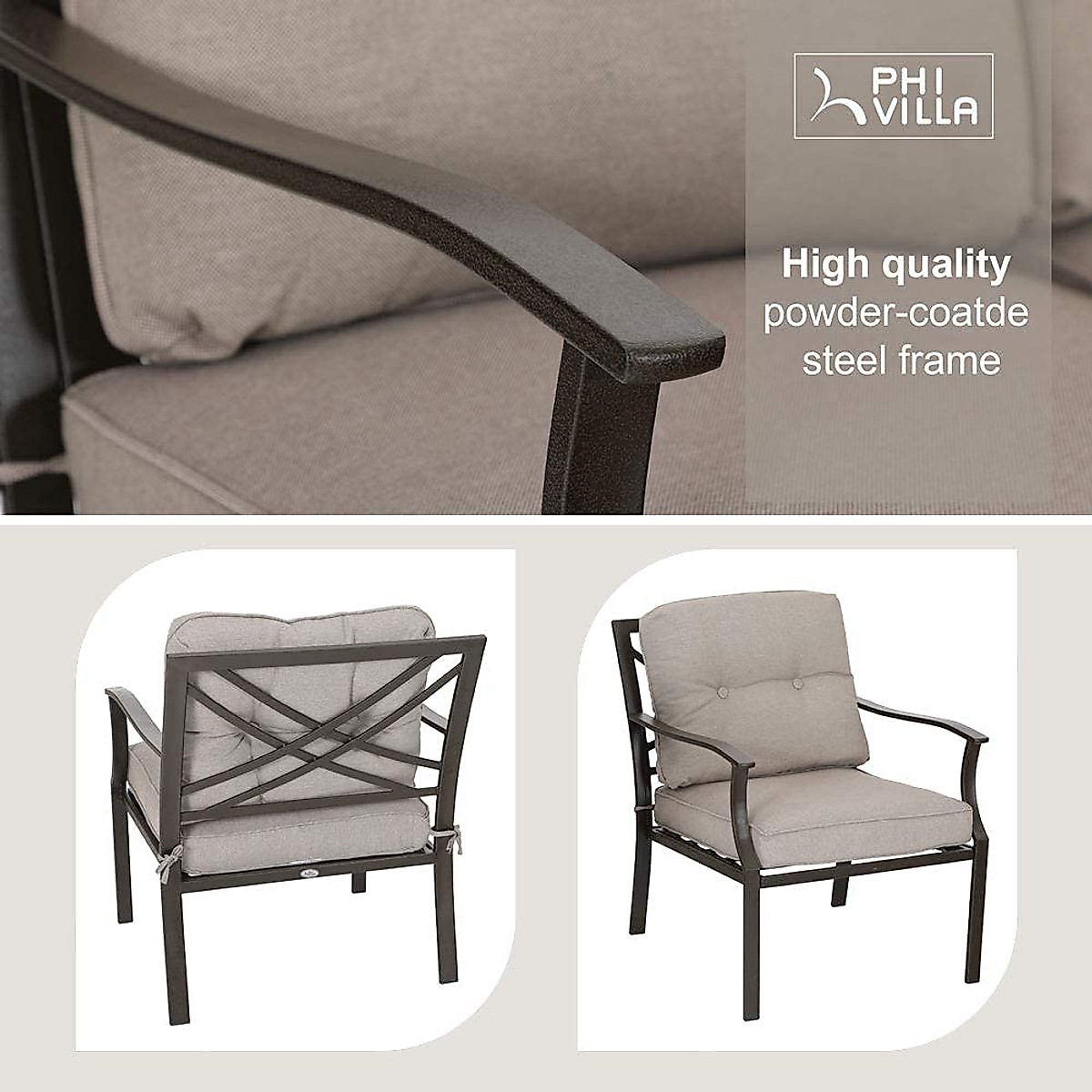 PHI VILLA Patio Conversation Sets 3 Piece Outdoor Bistro Set, 2 Steel Patio Chairs with Padded Cushions & 1 Coffee Side Metal Table