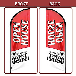 QSUM Open House Signs for Real Estate Agents Large, 11FT Swooper Open House Feather Flag Sign with Flagpole/Stainless Steel Ground Stake/Portable Bag, Open House Banner for Business (Red)