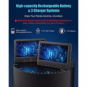 WONNIE 10.5" Two DVD Players Dual Screen Portable Twins CD Player for Car Play a Same or Two Different Movies with 5-Hour Rechargeable Battery, 2 Mounting Brackets, Support USB/SD Card Reader
