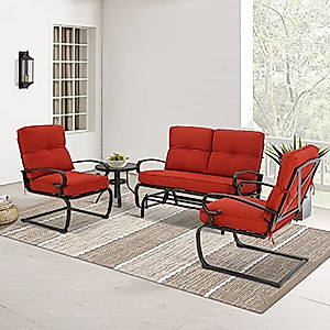Incbruce 4Pcs Outdoor Metal Furniture Patio Conversation Sets (Glider, Bistro Table, 2 Spring Lounge Chairs) - Wrought Iron Outdoor Glider Chairs Sets (red)