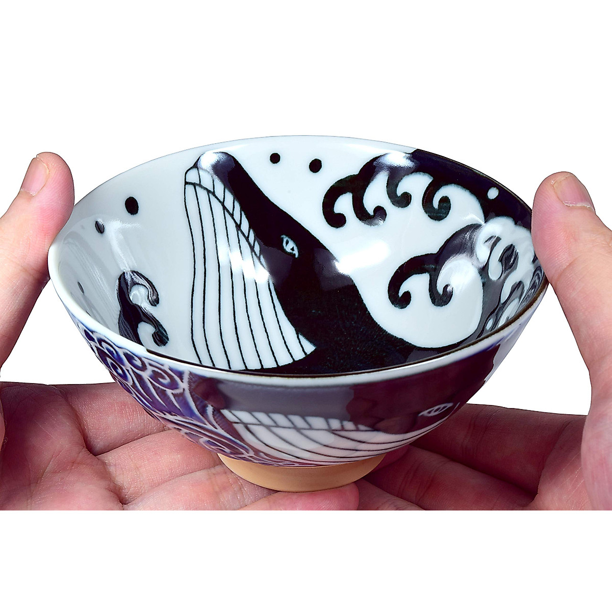 Mino Ware Japanese Rice Bowl, Rice Ramen Noodle Soup Sarada Pasta, Wave Whale Chawn, 4.6 inch 10oz Set of 2