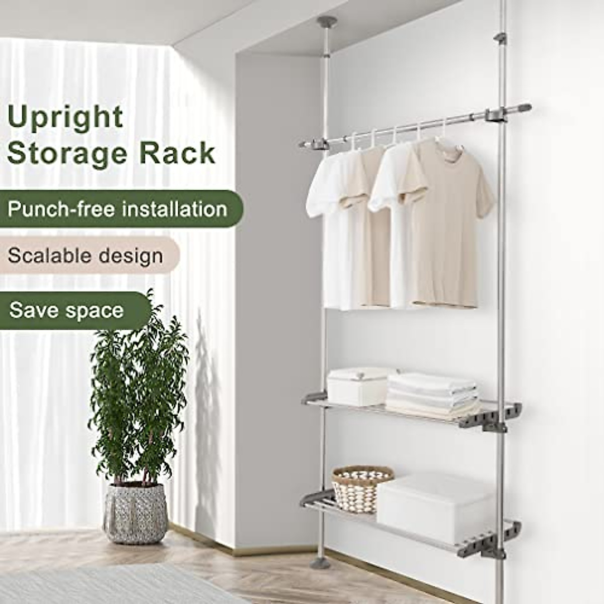 Hershii Indoor Garment Rack Coat Hanger Extendable Clothes Hanging Rails Tension Pole Laundry Room Storage Shelf Heavy Duty Clothing Display Stand Holder Airer Space Saving Organizer - Grey