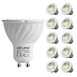DiCUNO GU10 LED Light Bulb, 60W Halogen Bulbs Equivalent, 6W 600LM, 6000K Daylight White,100V-240V Non-dimmable GU10 Mr16 LED Bulbs, 10-Pack.